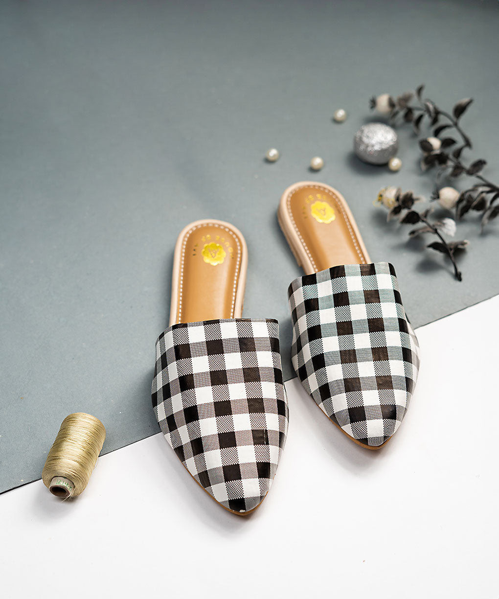 Black Checks Digital Print Flats For Women – House Of Avi Private Limited
